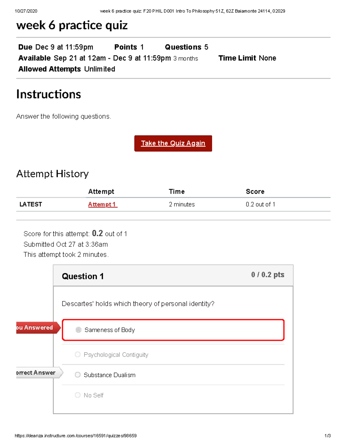 Week 6 practice quiz F20 PHIL D001 Intro To Philosophy 51Z, 62Z ...
