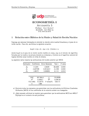 Guia 2-OLS simple - Ejercicios econometricos - Gu ́ıa 1 Modelo Regresi ́on Lineal simple ...