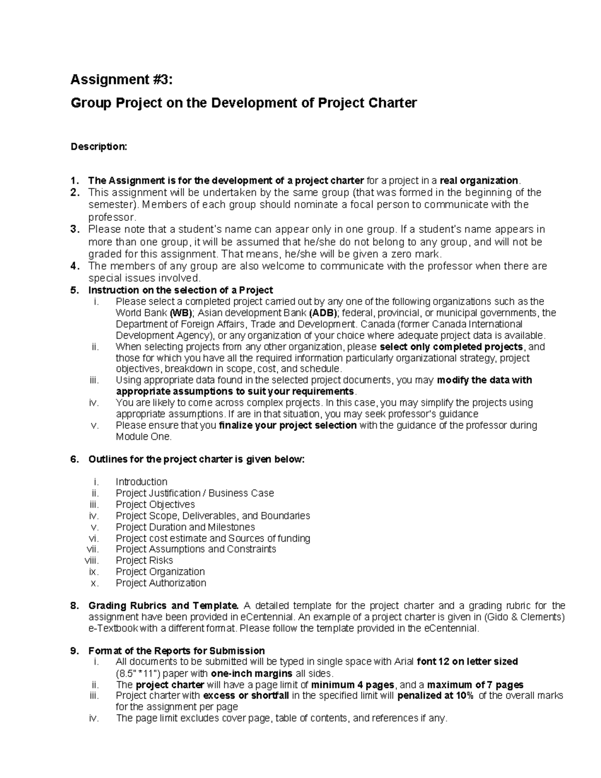 Assignment #3 (Project Charter) Description (2) - Assignment #3: Group Project on the ...