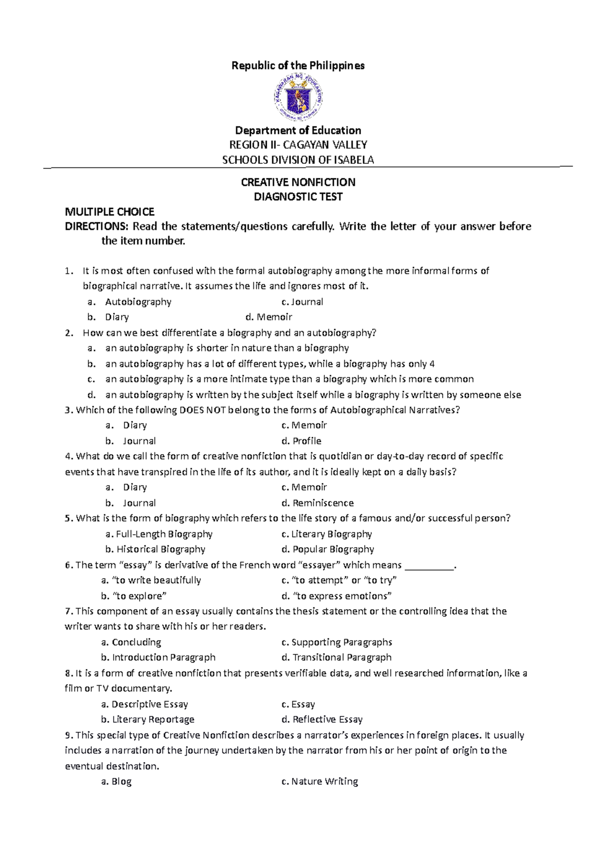 Diagnostic Test - Republic of the Philippines Department of Education ...