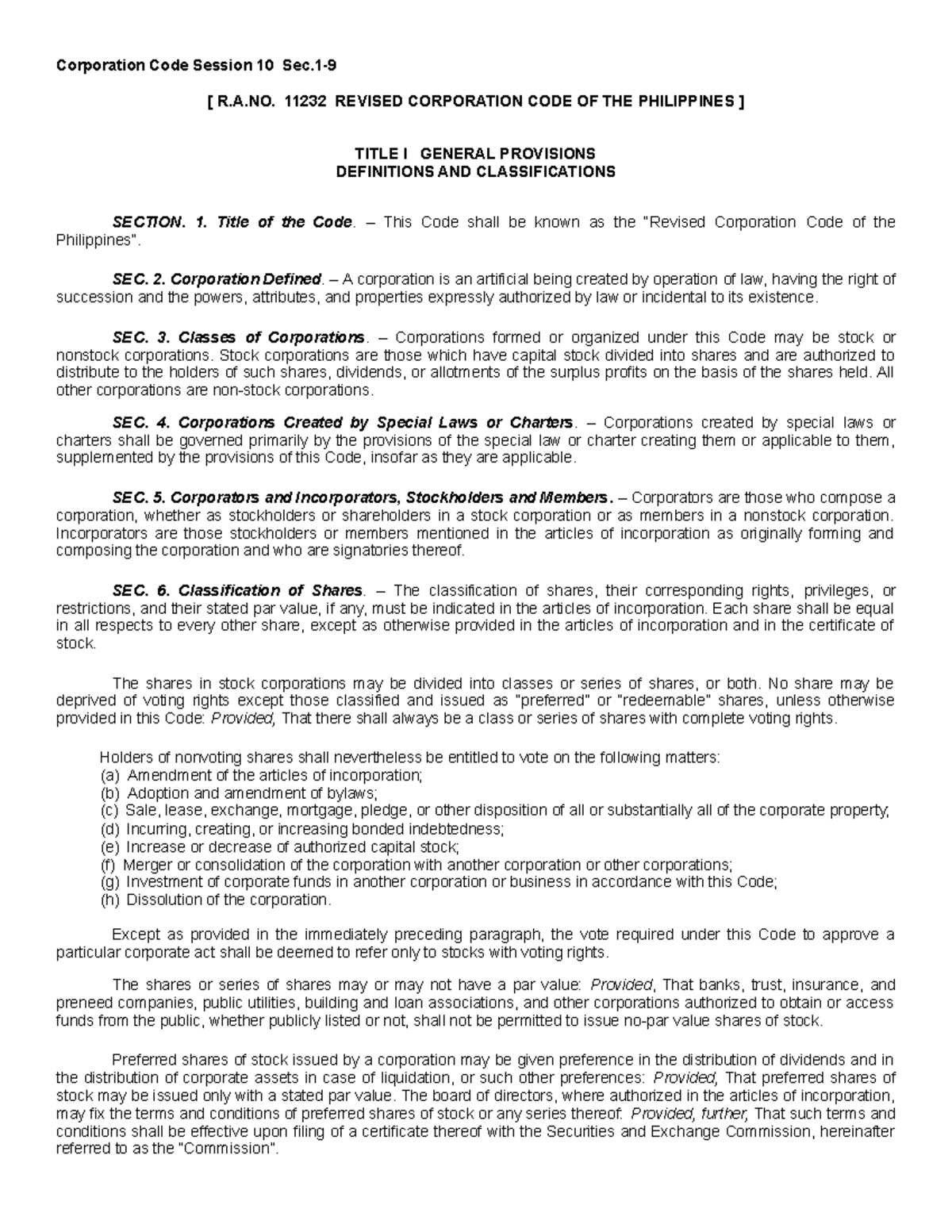 Corp Code Session 10 Sec - Corporation Code Session 10 Sec- [ R. 11232 ...