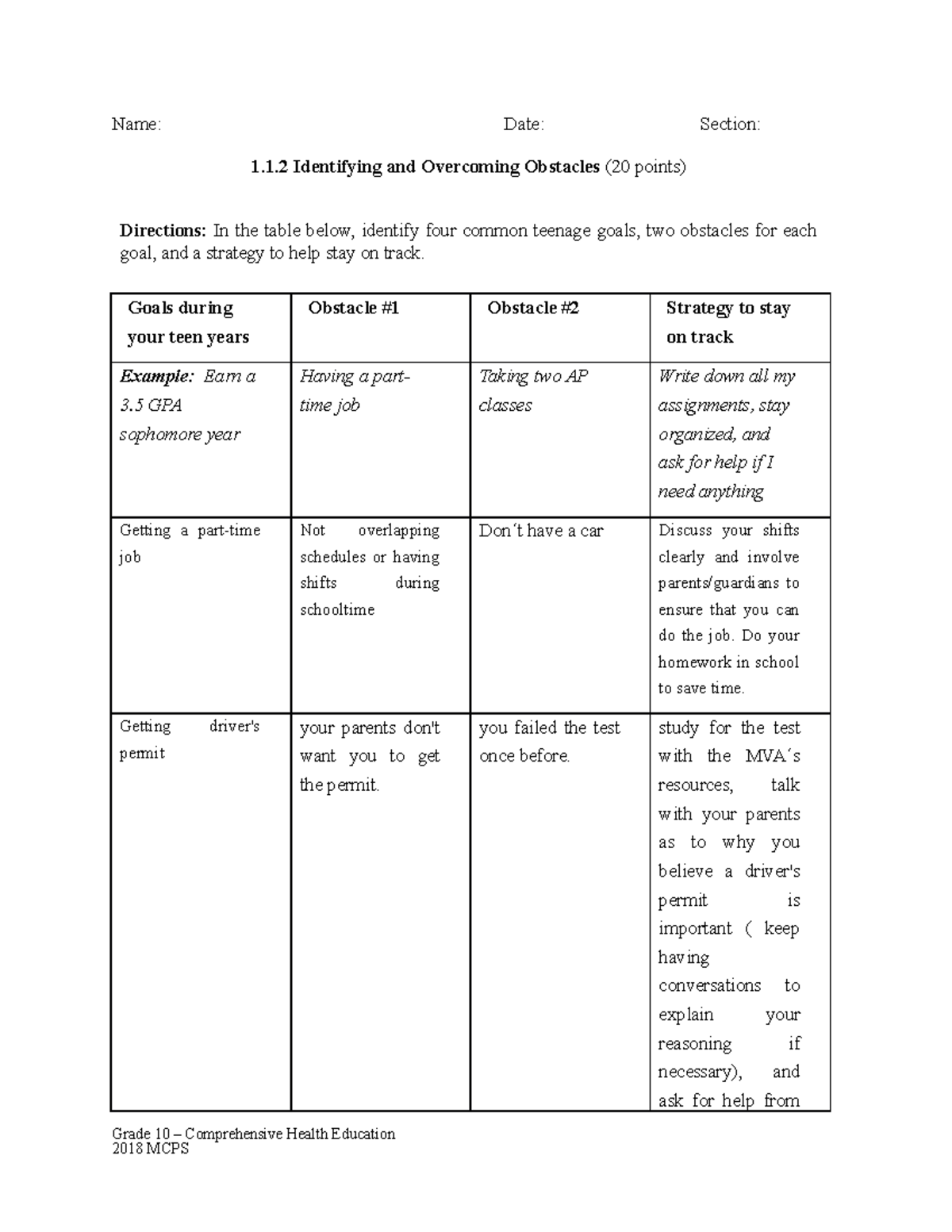 keili M Obstacles - Name: Date: Section: 1.1 Identifying and Overcoming ...