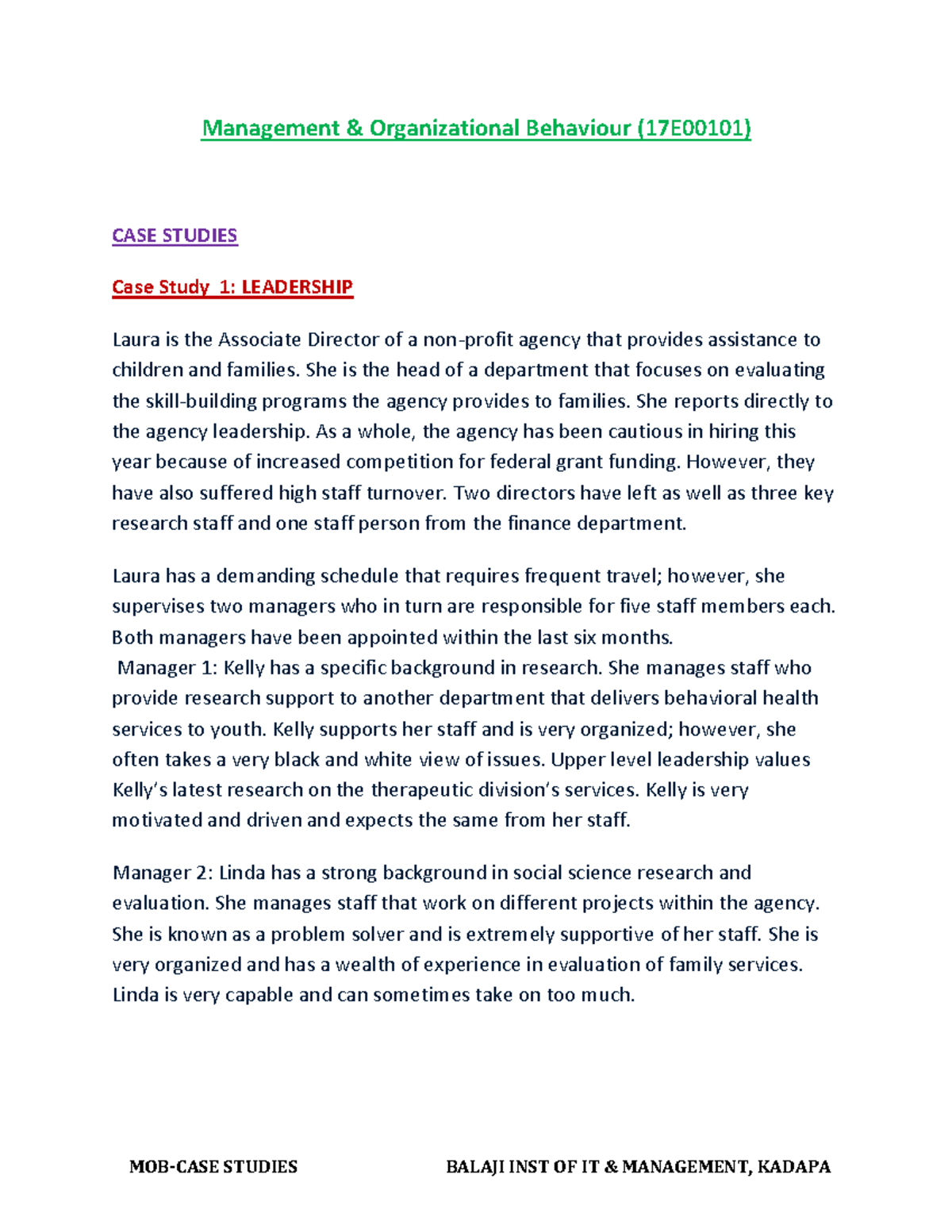 MOB-CASE Study-PDF - Exercises - Management & Organizational Behaviour ...