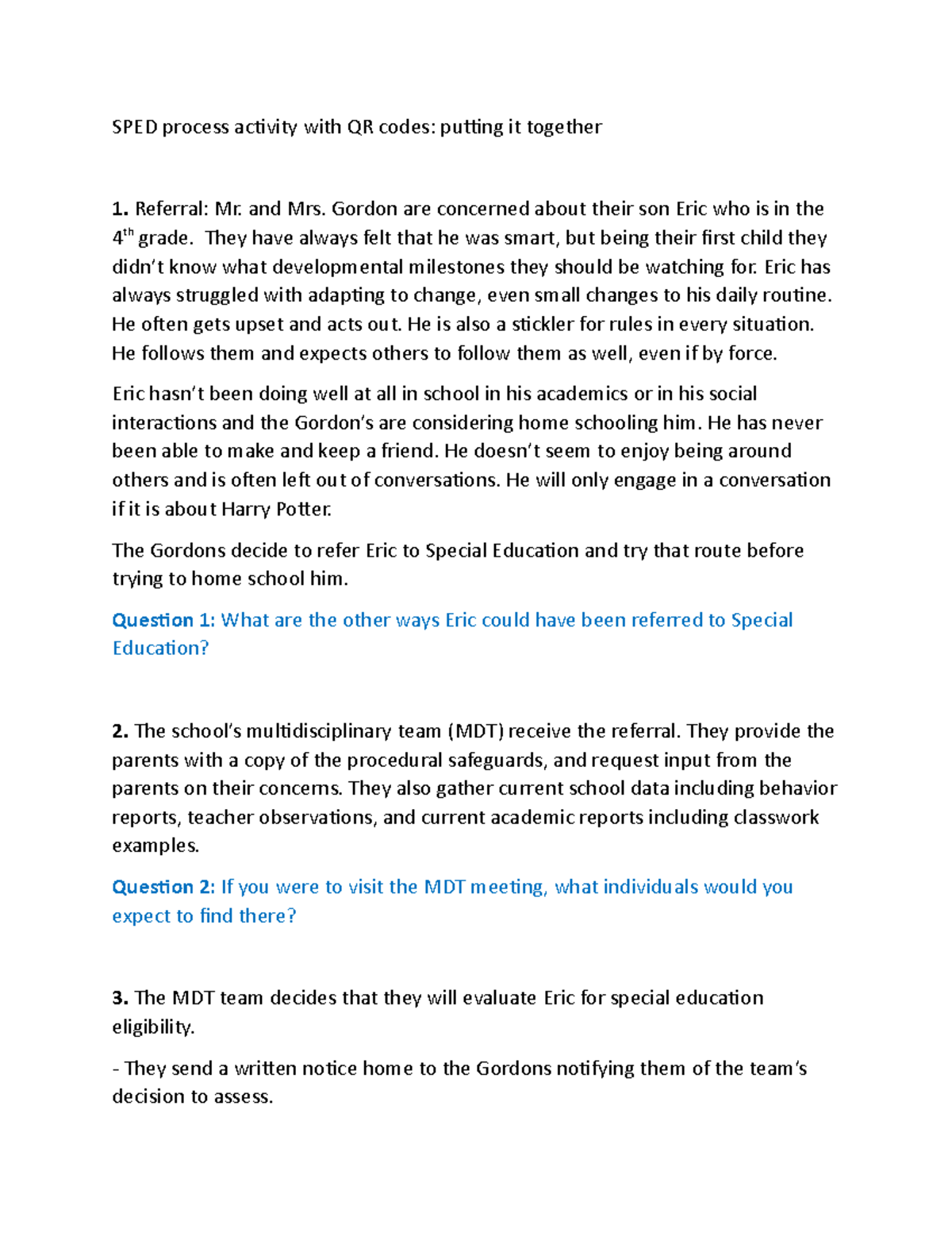 SPED process activity with Questions - SPED process activity with QR ...