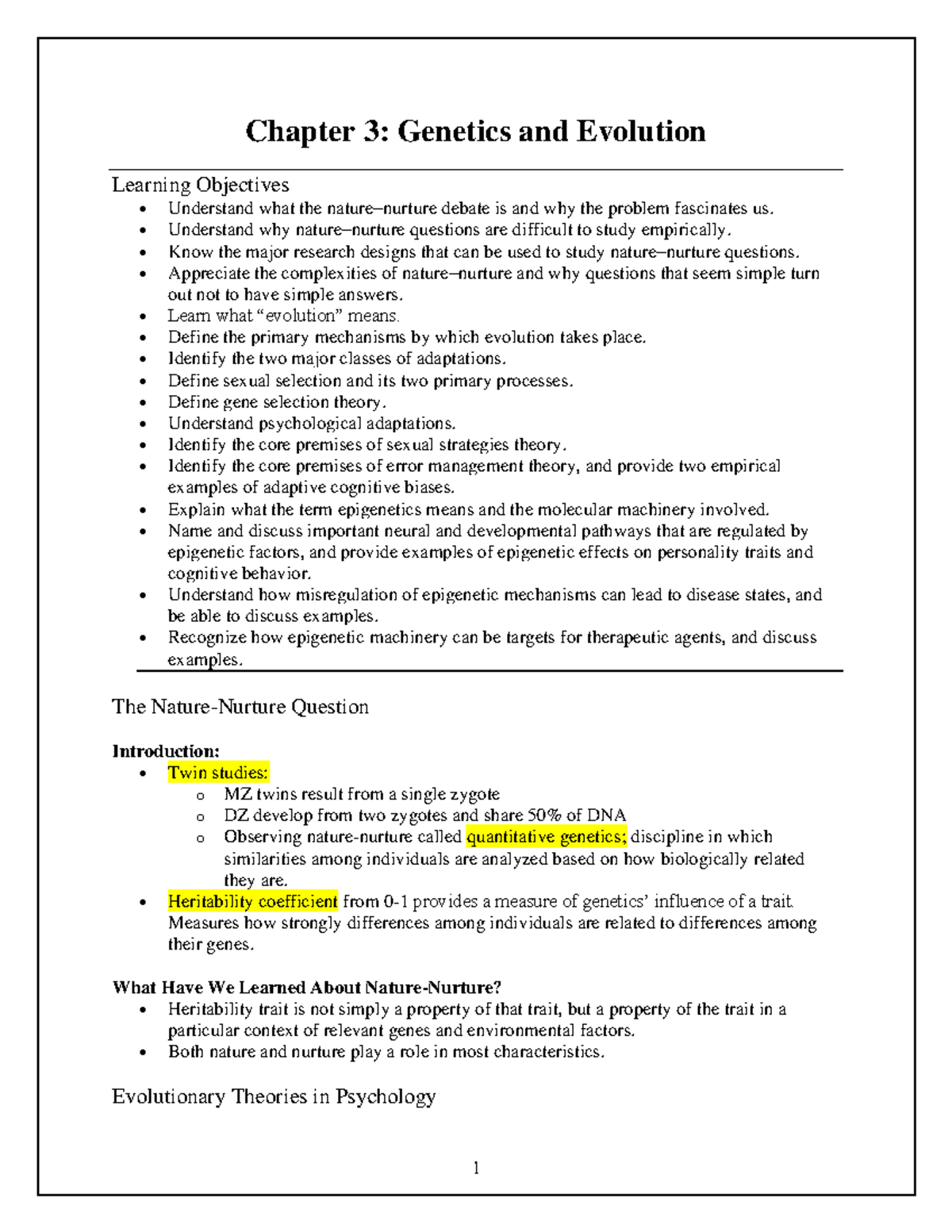 PSYC 100 Chapter 3 - Lecture notes 3 - Chapter 3: Genetics and ...