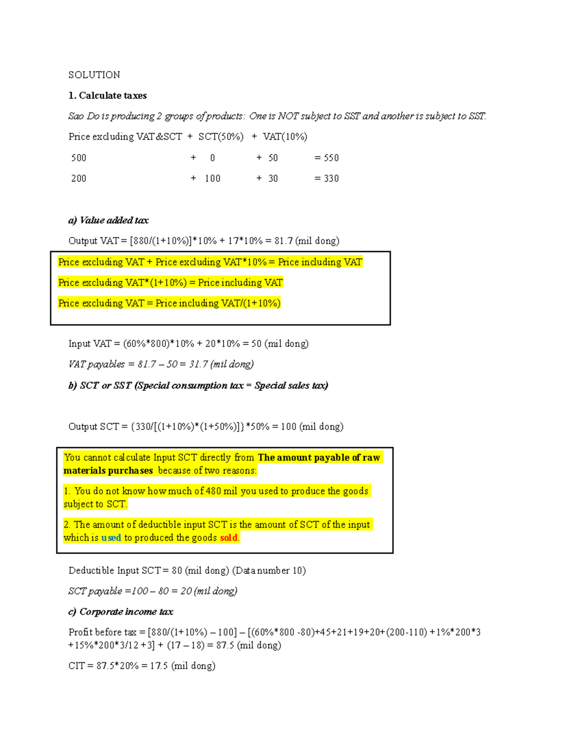 Problem FS- Solution - SOLUTION 1. Calculate taxes Sao Do is producing 2 groups of products: One ...