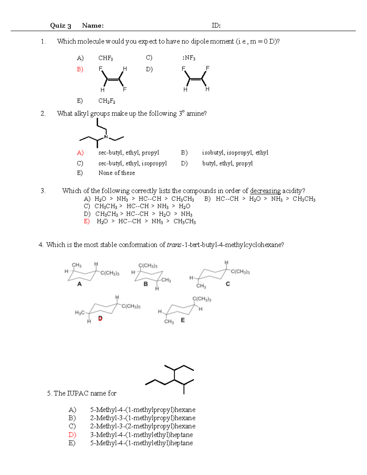 Quiz3 Ch4answer(1) - organic chemistry practice - Quiz 3 Name: ID: 1 ...