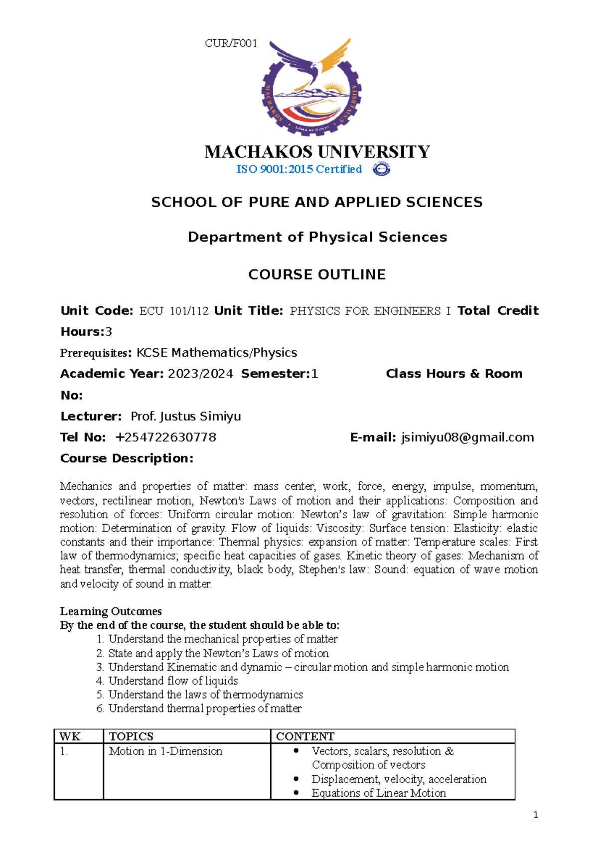 Course schedule Engineering Physics I - MACHAKOS UNIVERSITY ISO 9001: ...
