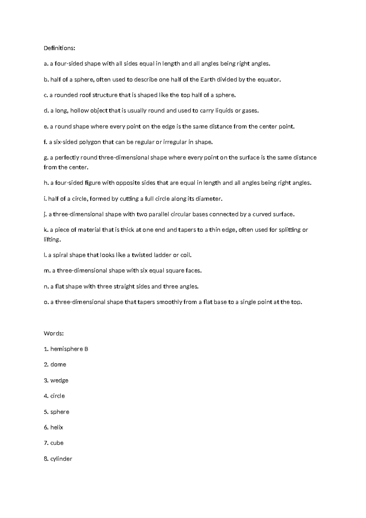 Definitions exercise-1 - Definitions: a. a four-sided shape with all ...