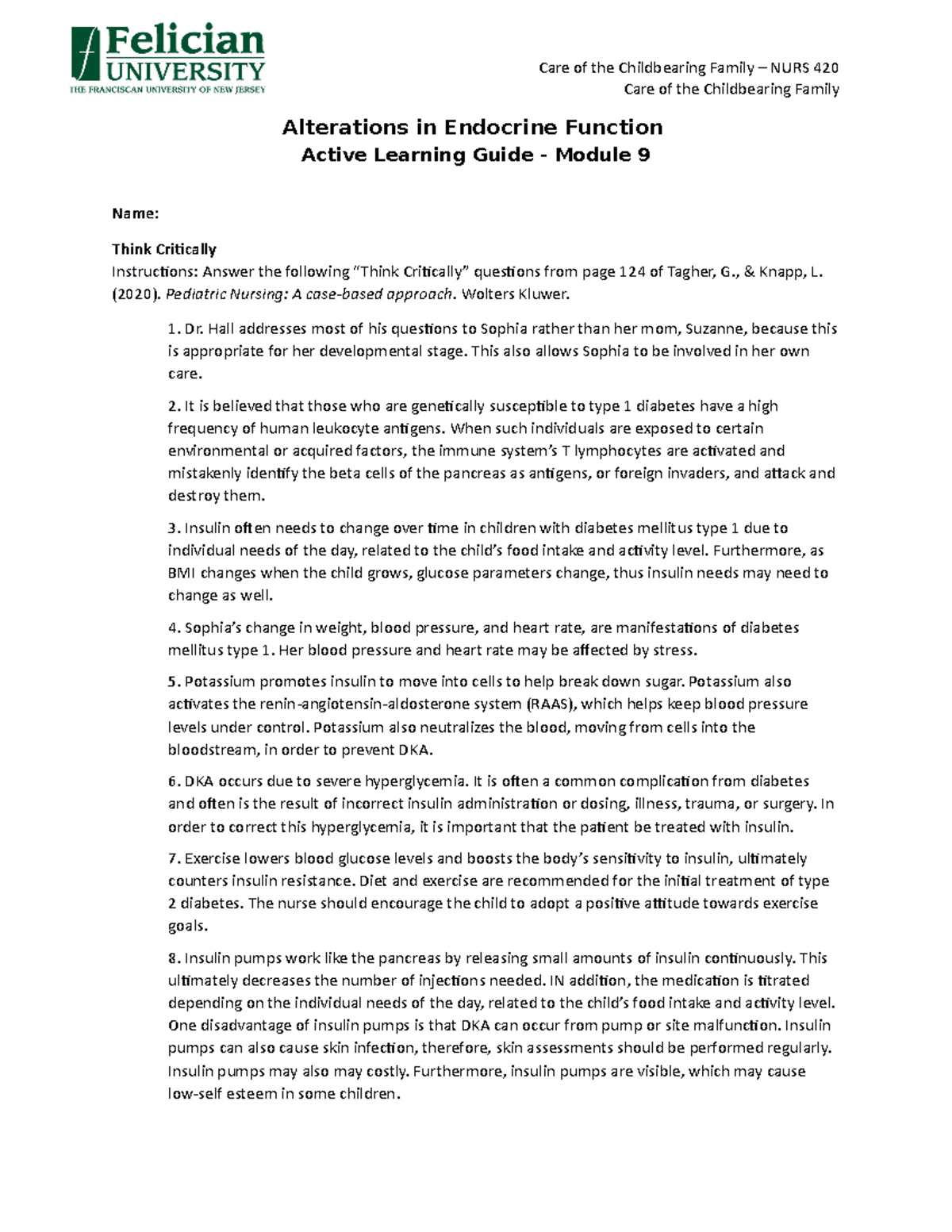 Alterations in Endocrine Function - Active Learning Guide - Module 9 ...