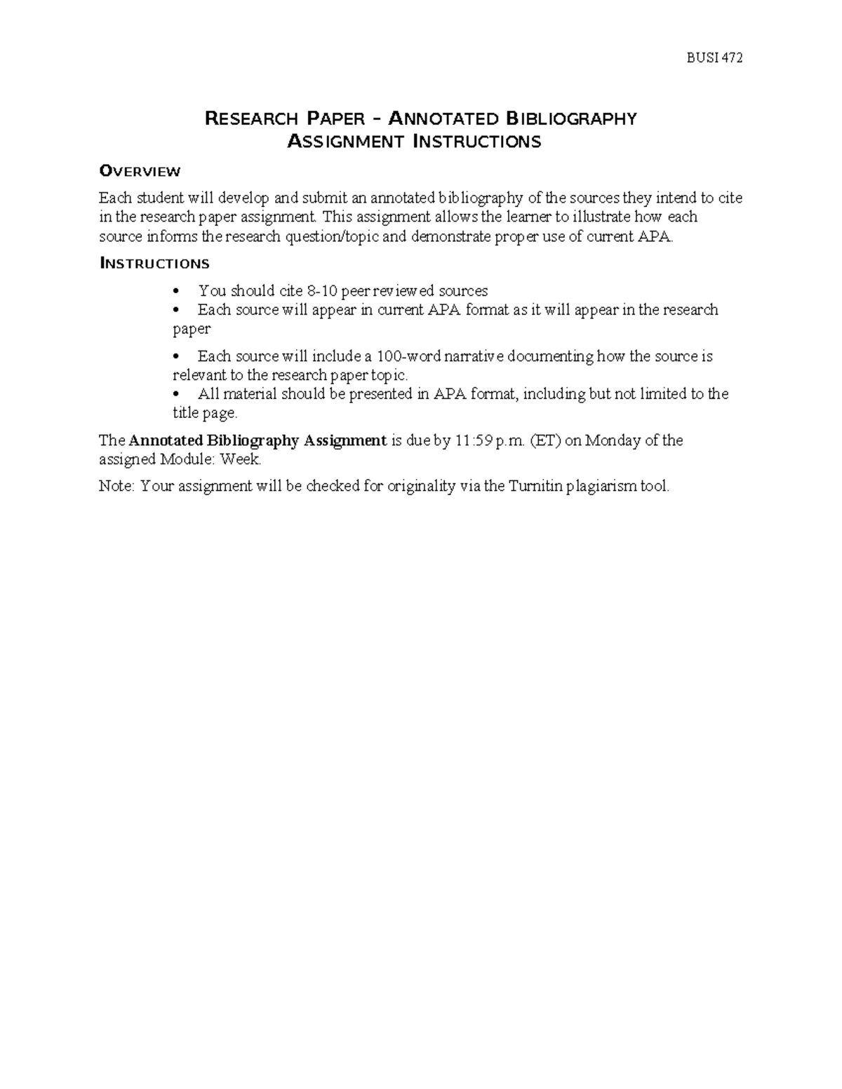 Research Paper Annotated Bibliography Assignment Instructions - BUSI ...