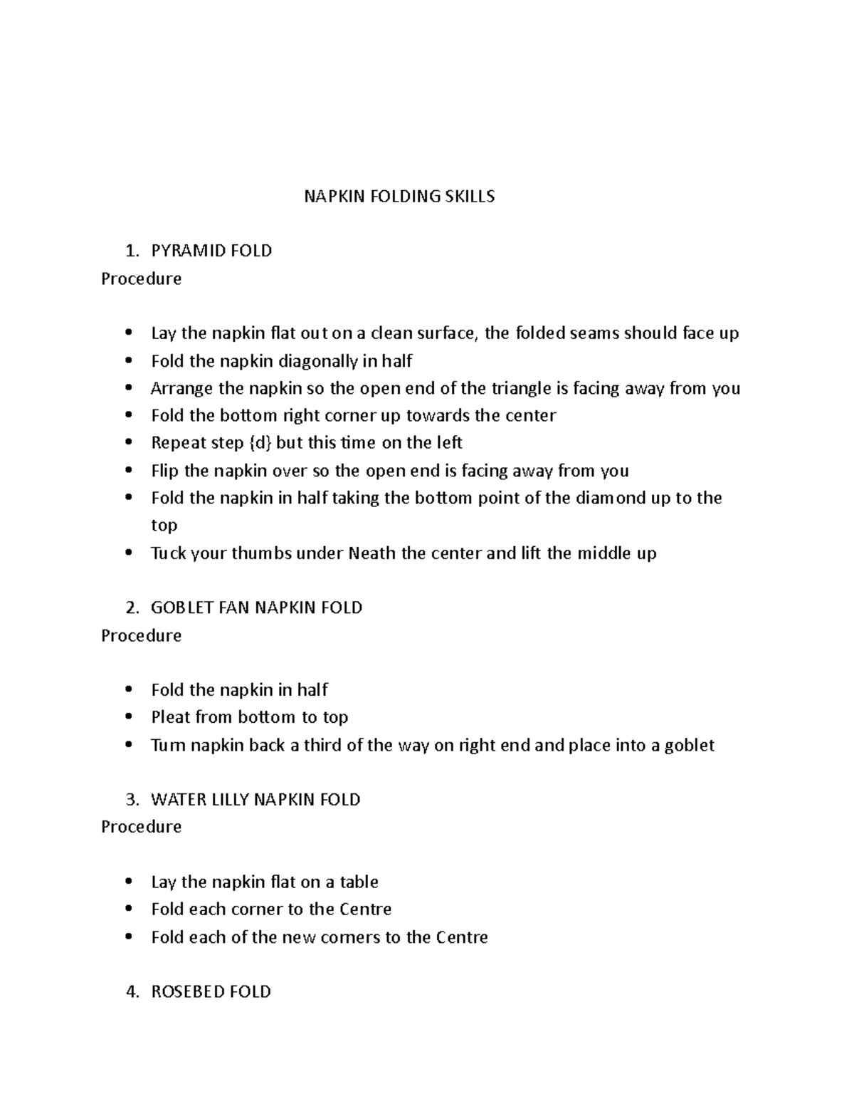 Napkin Folding Skills - assignment - NAPKIN FOLDING SKILLS Procedure1 ...