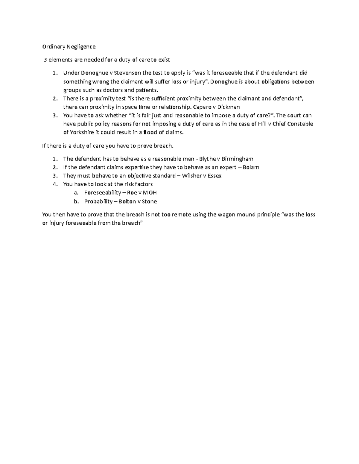 TORT LAW A2 - tort a level - Ordinary Negligence 3 elements are needed ...