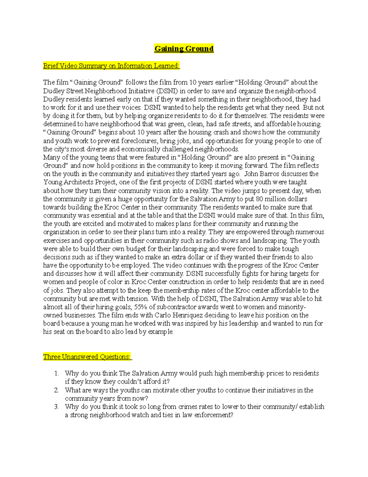 Gaining Ground Video Notes - Gaining Ground Brief Video Summary on ...