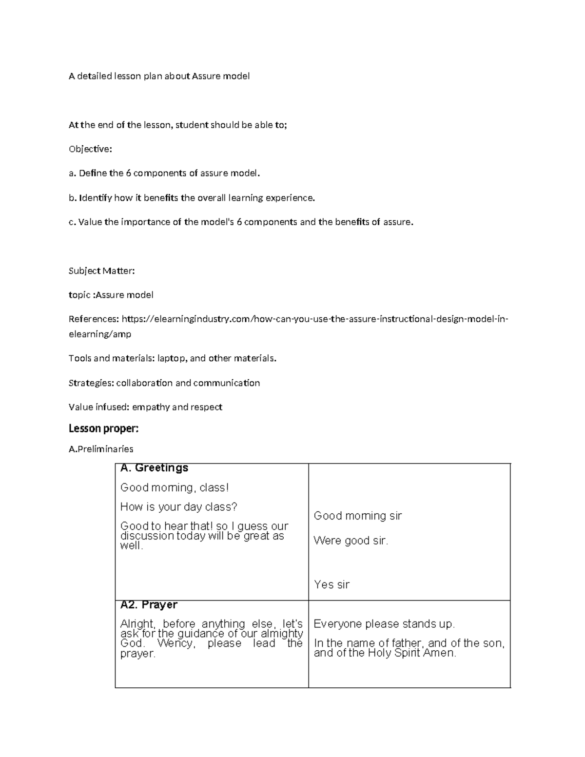 A detailed lp for assure model - A detailed lesson plan about Assure ...
