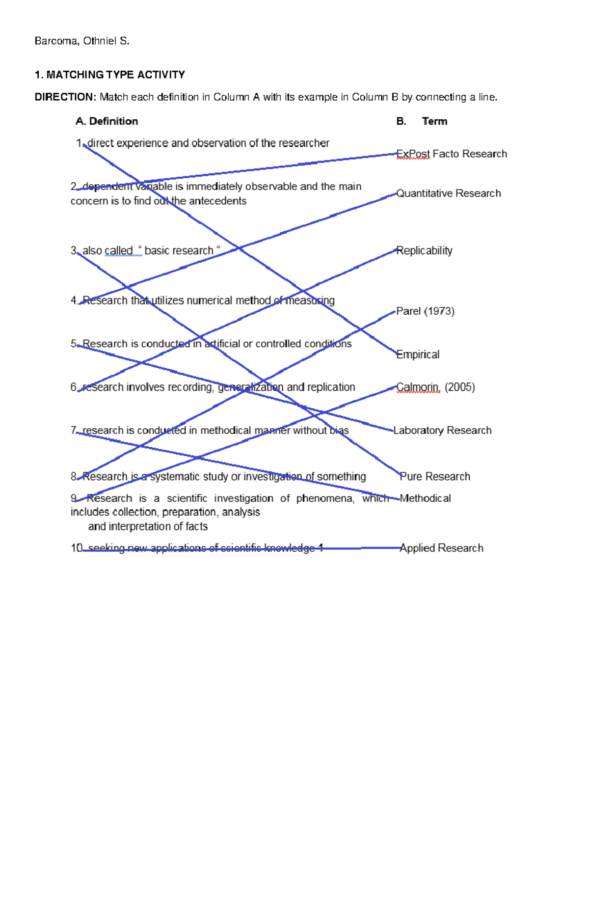 Methods of Research Activity 1 - Barcoma, Othniel S. 1. MATCHING TYPE ...