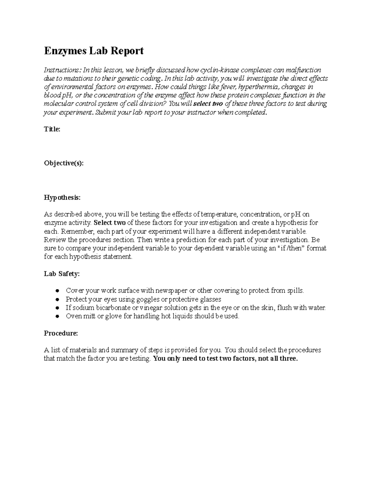 04 06 enzymes lab report - Enzymes Lab Report Instructions: In this ...