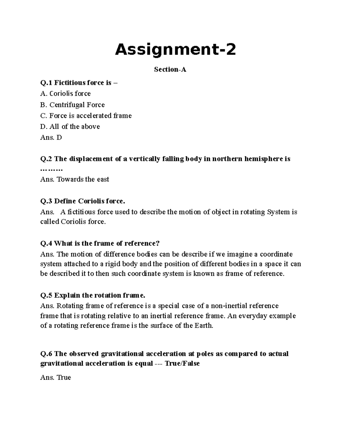 Physics Assignment 2 (final) - Assignment- Section-A Q Fictitious force ...