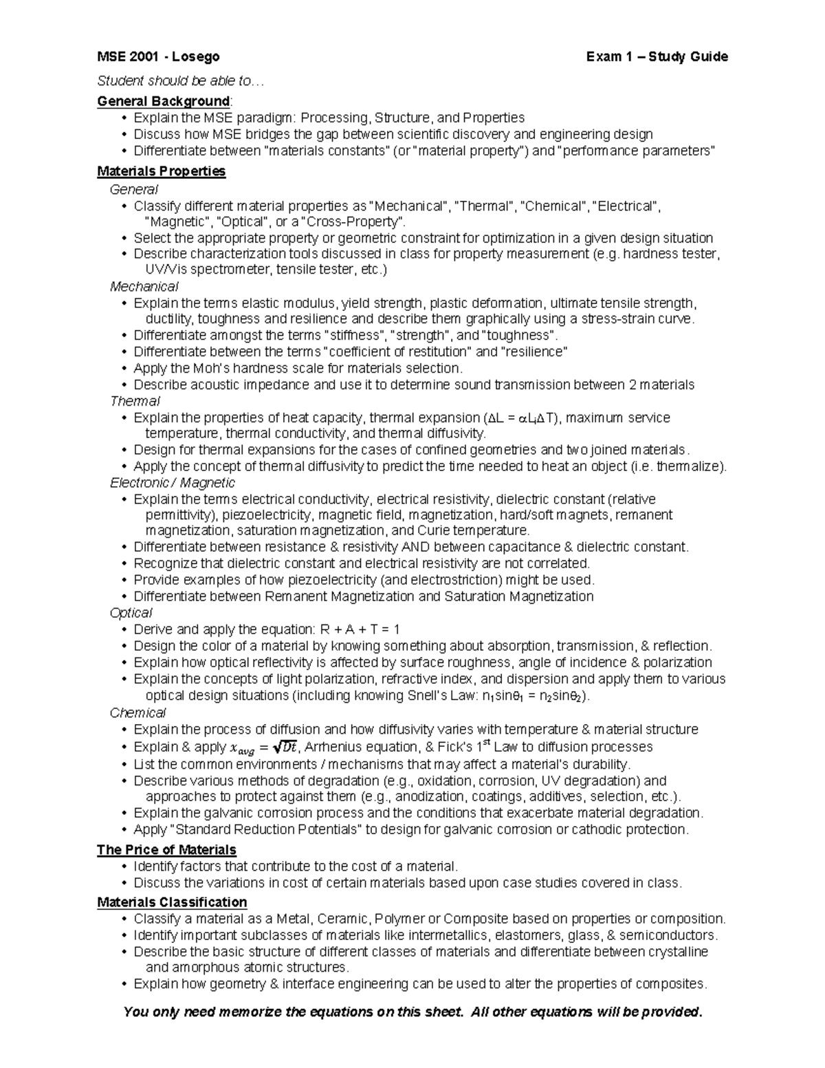 Exam 1 – Study Guide - MSE 2001 - Losego Exam 1 – Study Guide You only ...
