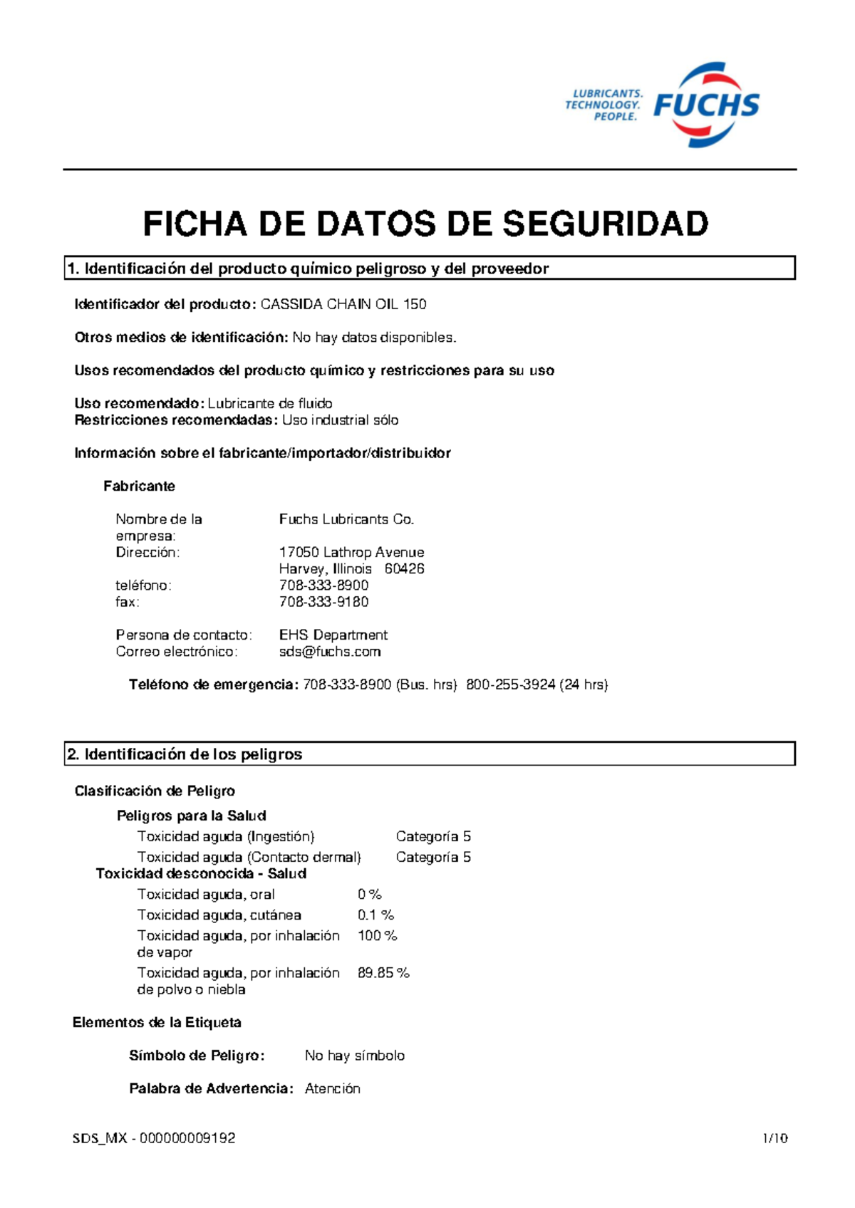 FDS Cassida Chain OIL 150 Fuchs - FICHA DE DATOS DE SEGURIDAD 1 ...