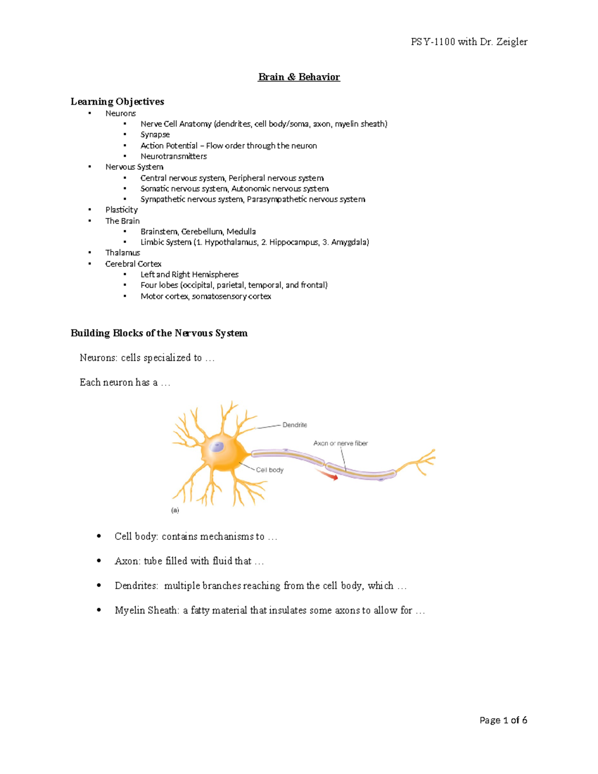 2. Brain & Behavior - notes - Brain & Behavior Learning Objectives ...