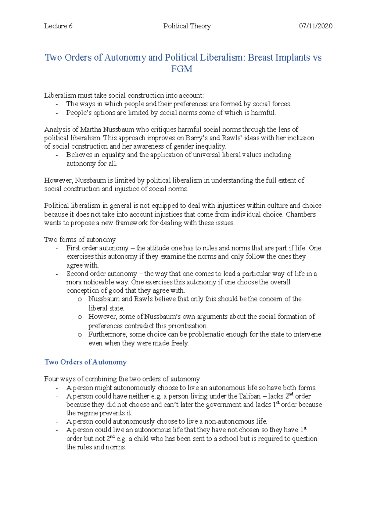 Two Orders of Autonomy and Political Liberalism - People’s options are ...