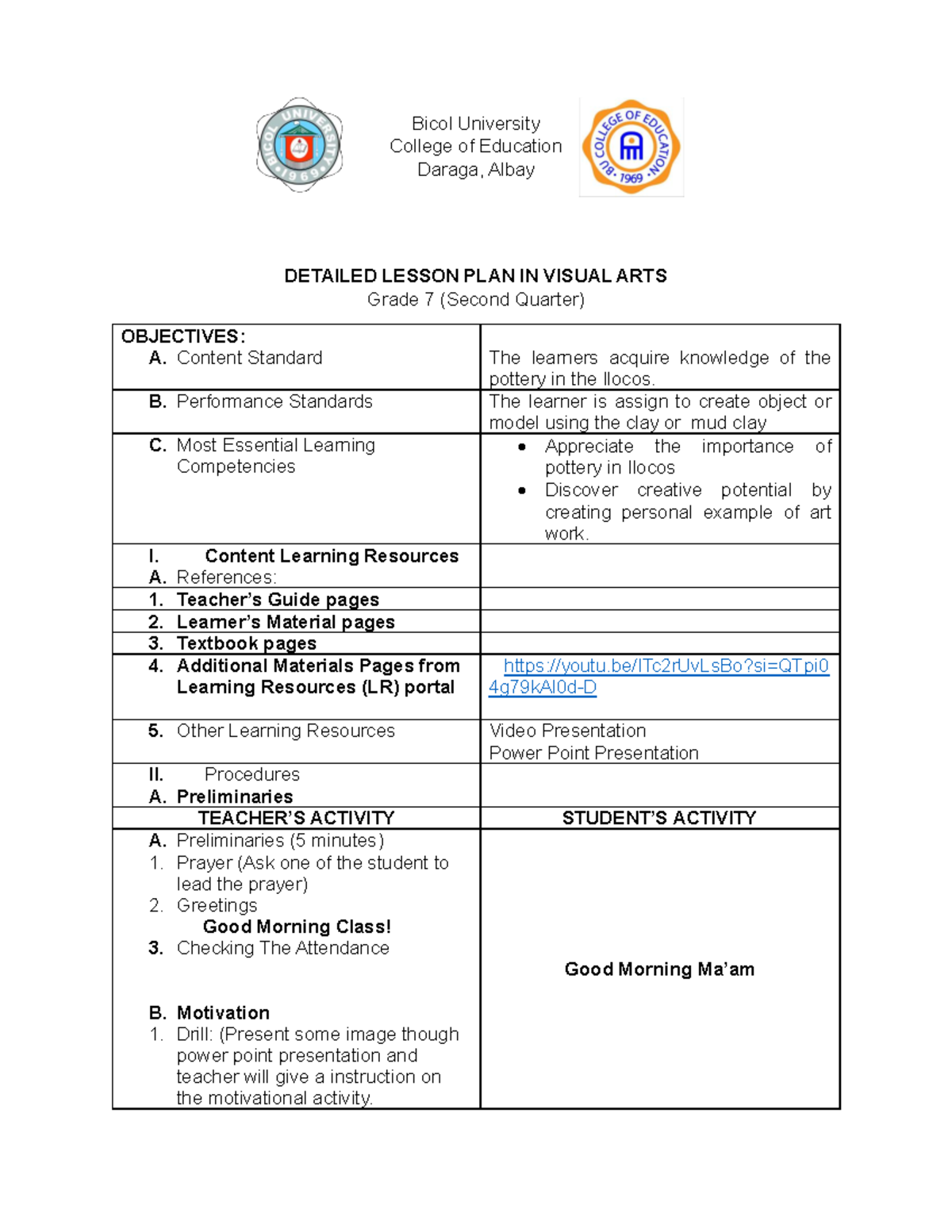 DLP in Visual Arts 7 - Bicol University College of Education Daraga ...