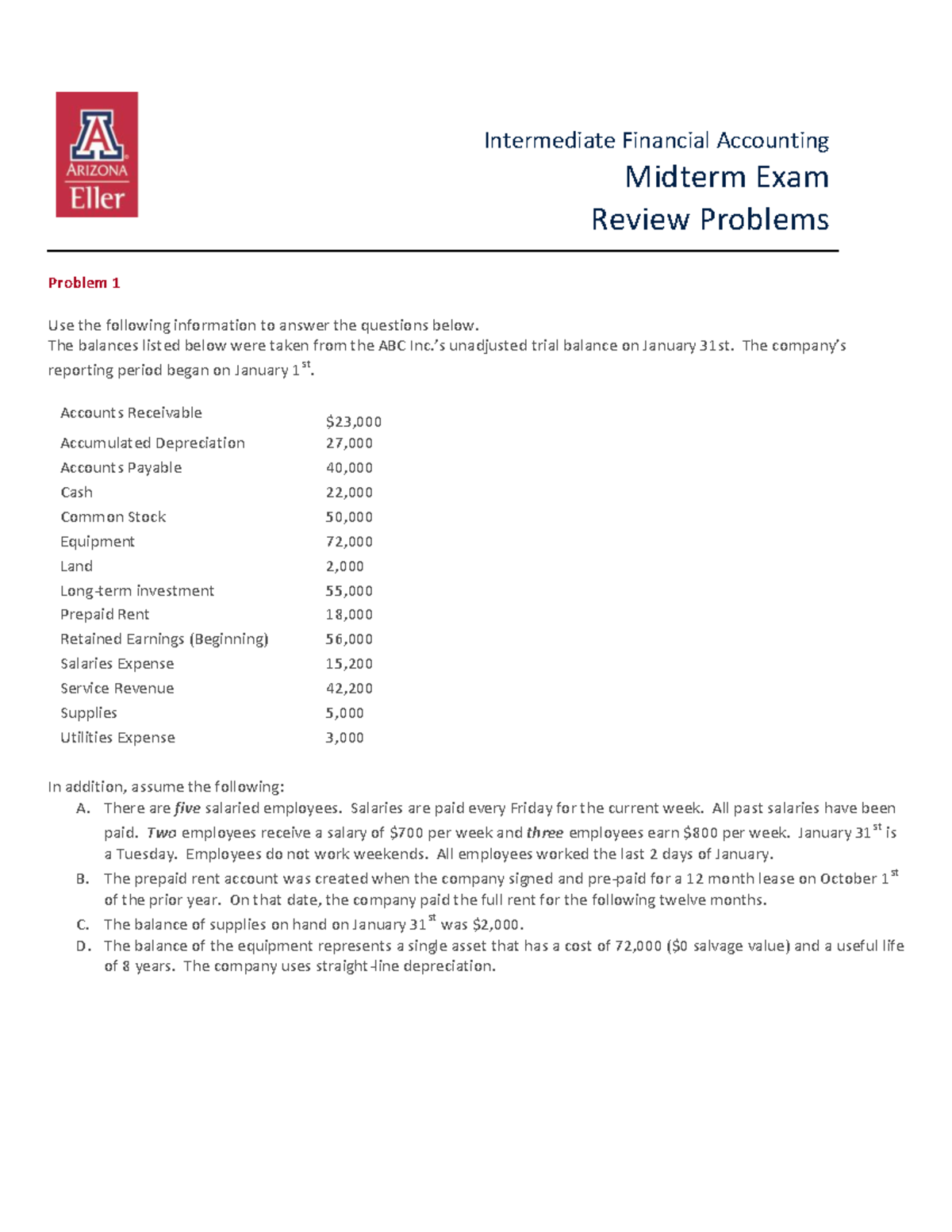 UG ACCT 400E Midterm Exam Review Problems - Intermediate Financial Accounting Midterm Exam ...