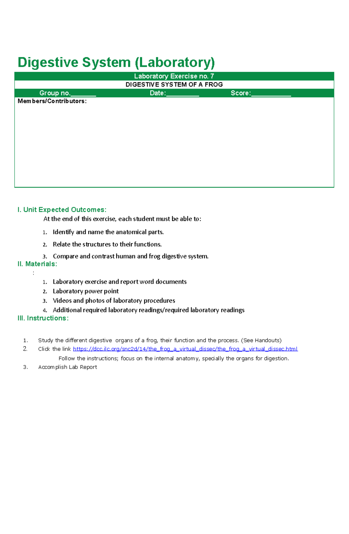 Laboratory Worksheet 2 The Digestive System of Frog 1 - Digestive System (Laboratory) Laboratory ...
