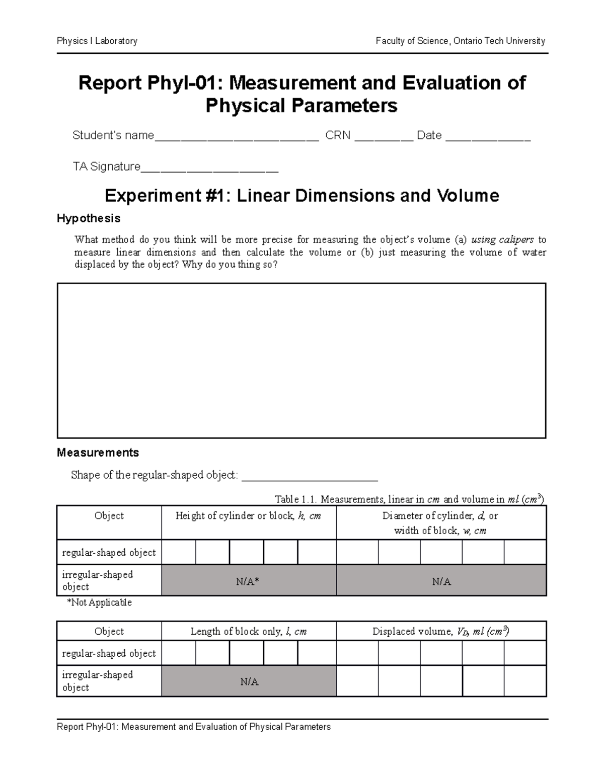 Measurements Report C - physics lab - Report PhyI-01: Measurement and ...