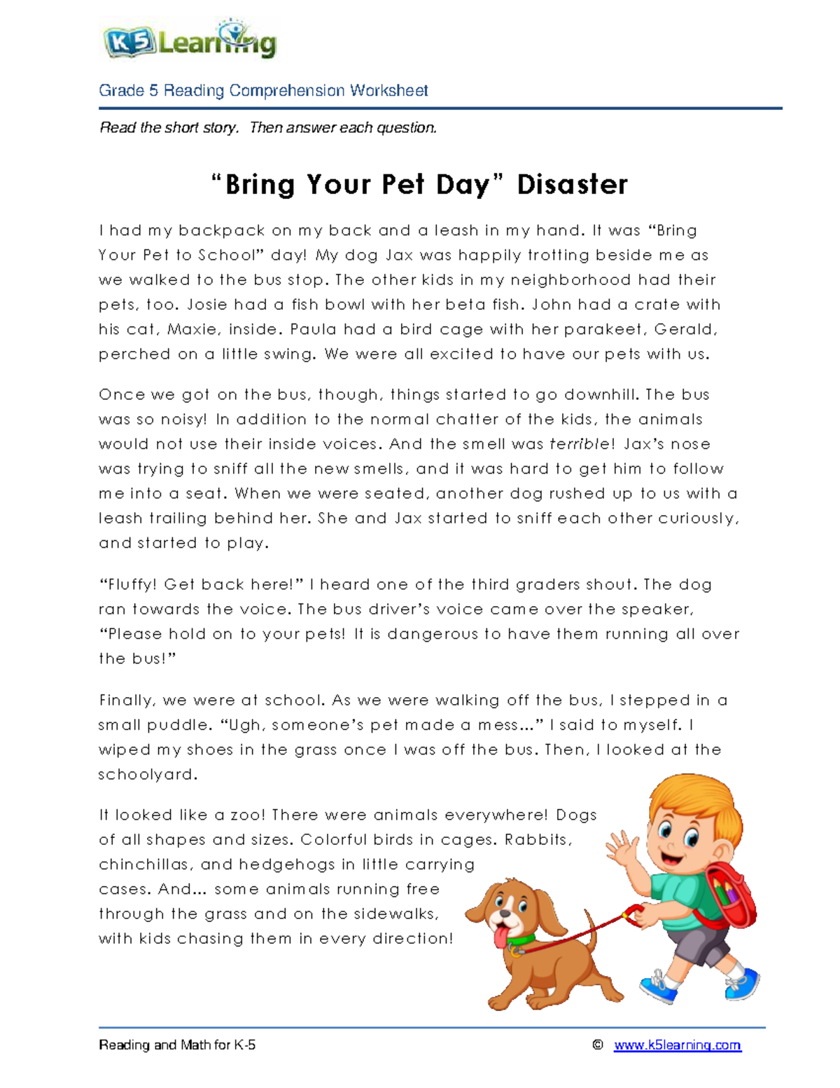 5th grade 5 reading pet day disaster - Read the short story. Then ...