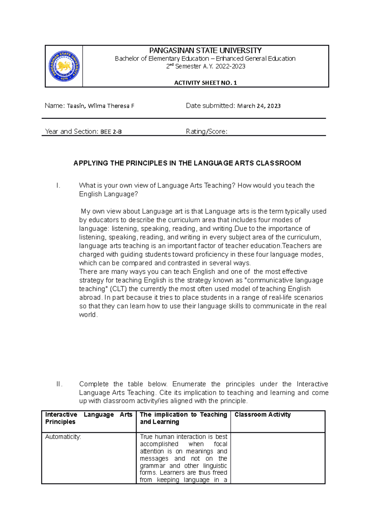 Activity 1 Principles of Language Teaching - PANGASINAN STATE ...