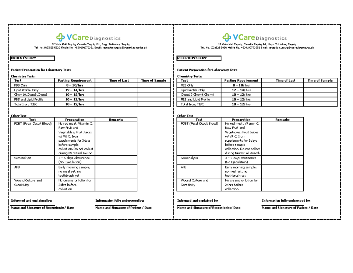 Patient Preparation for Laboratory Tests (final) - PATIENT’S COPY ...