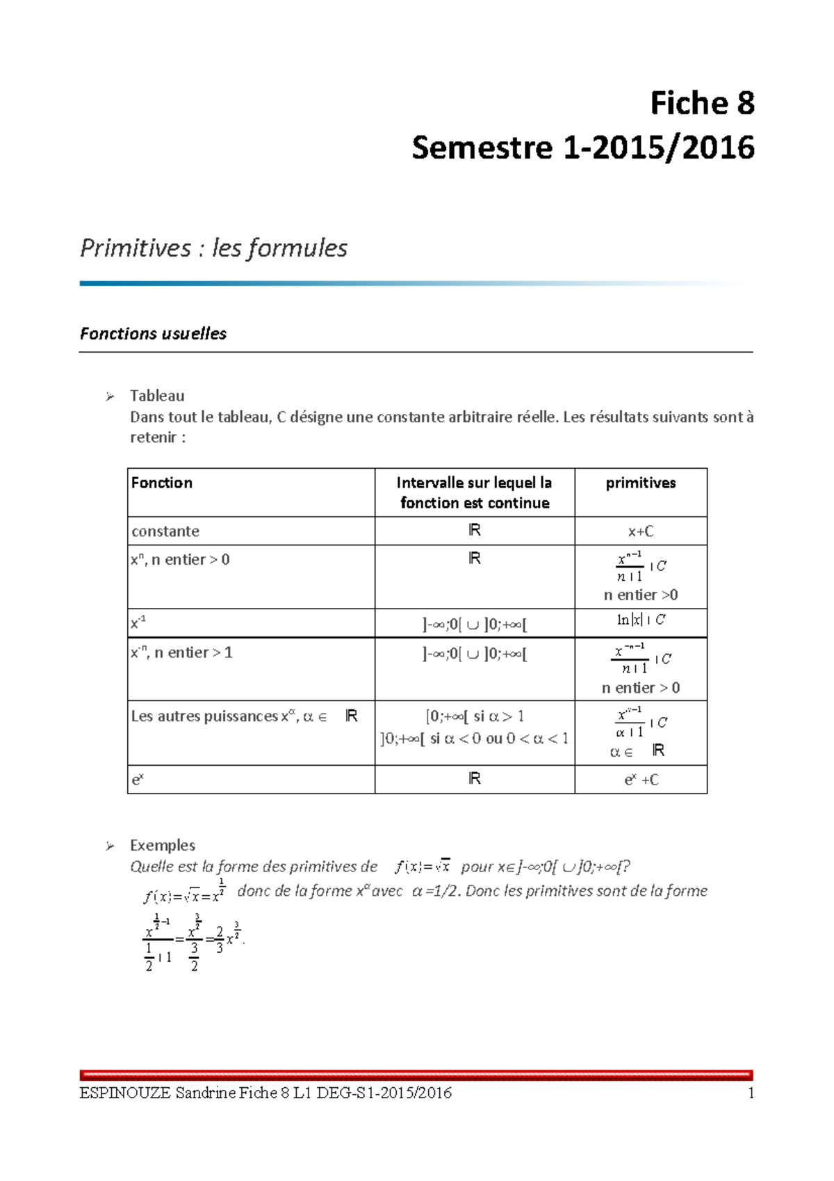 Fiche 8Integration Formules - Fiche 8 Semestre 1-2015/ Primitives : les ...