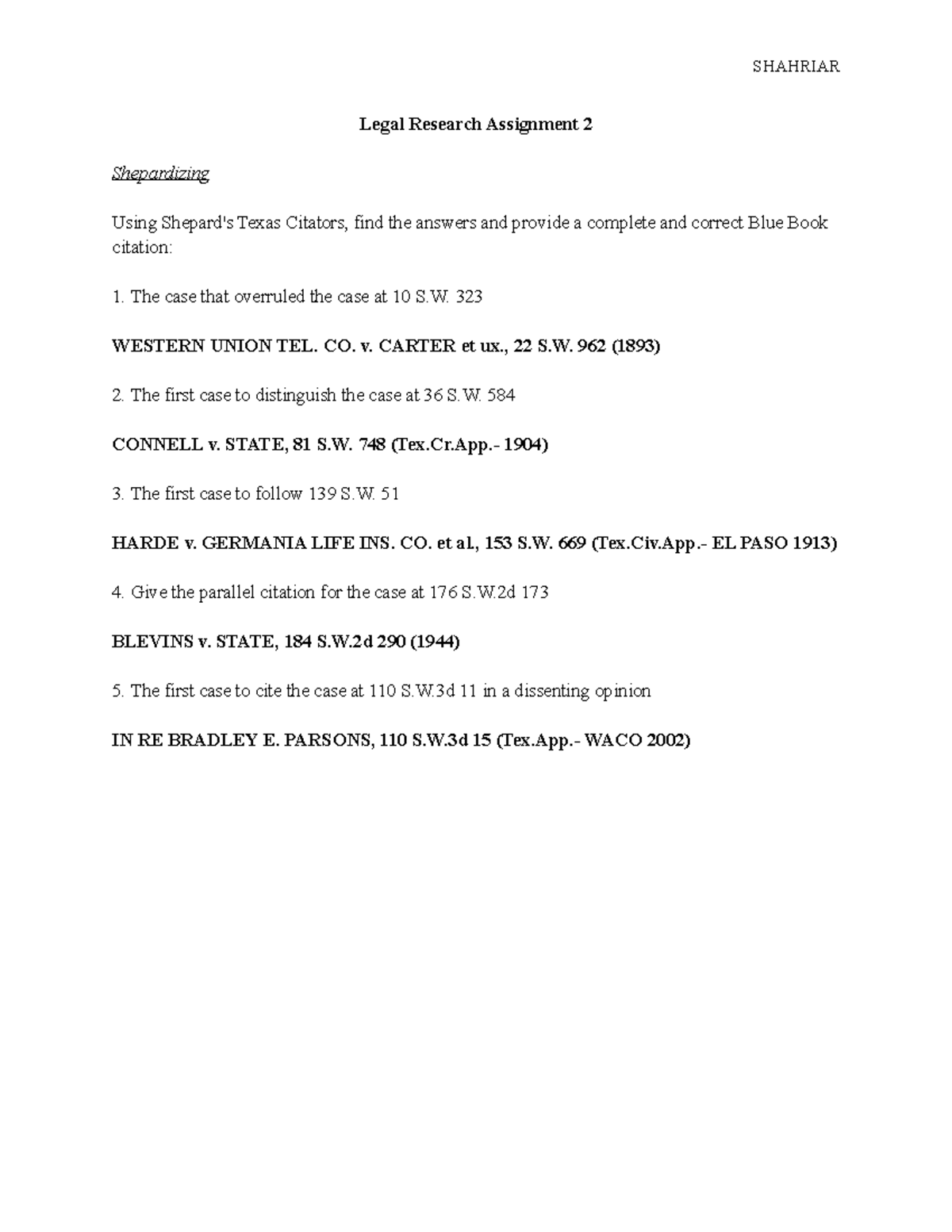 Research Assignment 2 - Shepardizing - SHAHRIAR Legal Research ...