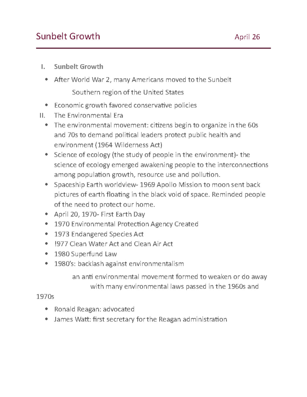 Class lecture notes - Sunbelt Growth April 26 I. Sunbelt Growth After ...