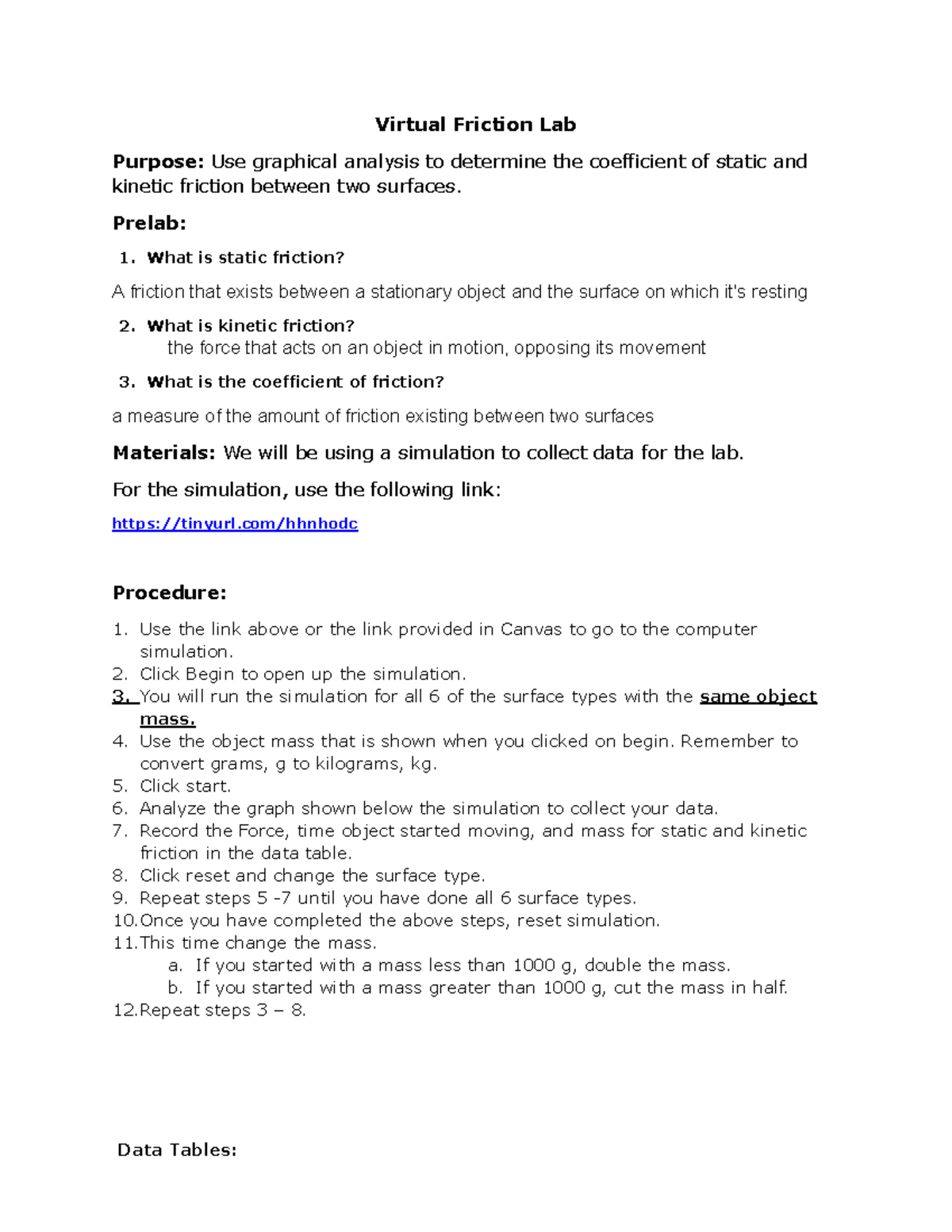 James Gray - Virtual Friction Lab - Virtual Friction Lab Purpose: Use ...