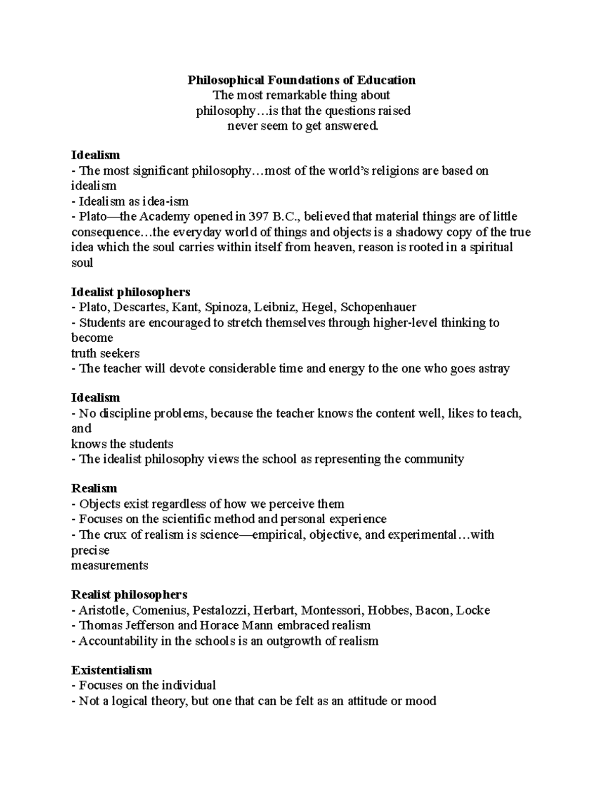 Philosophical Foundations Of Education Idealism The Most Significant