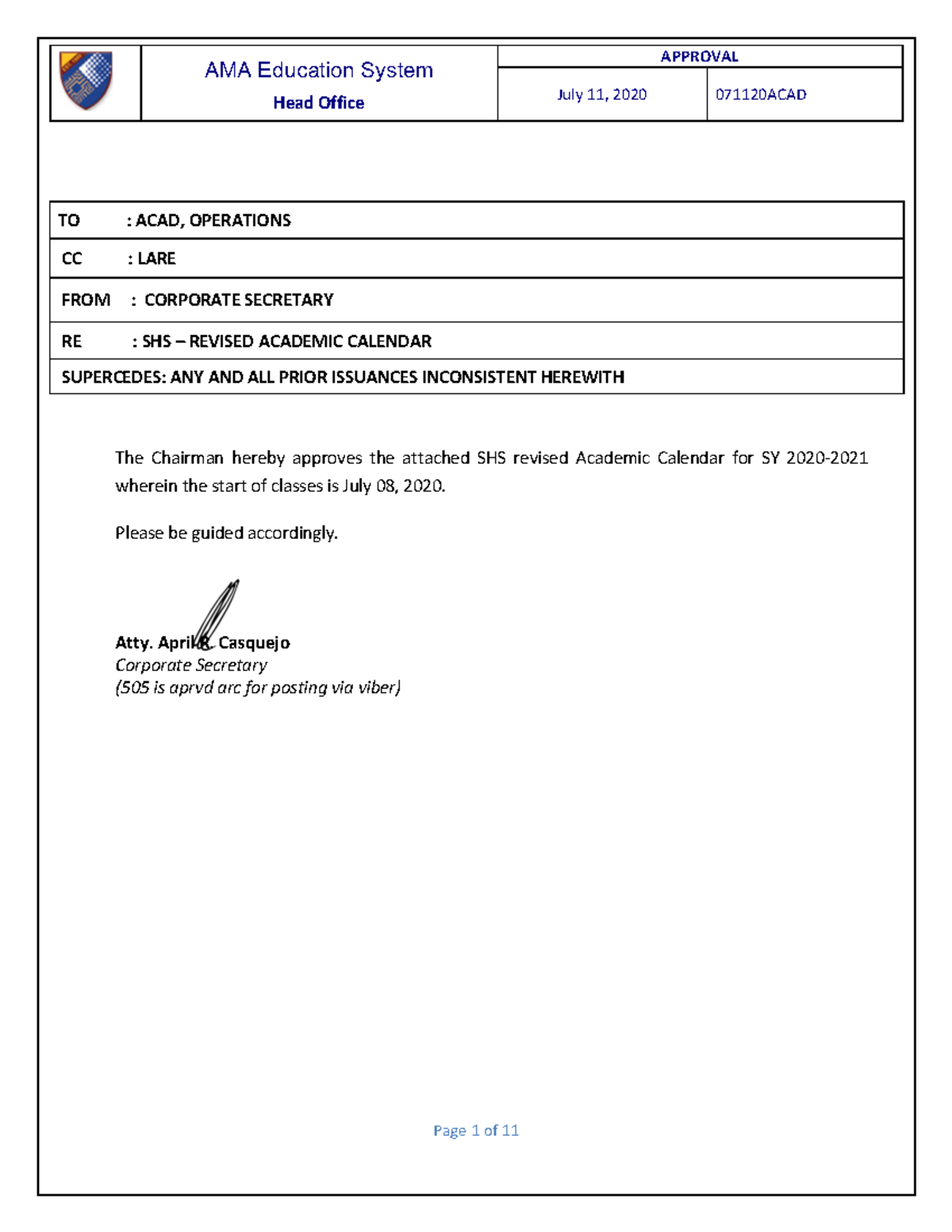 SHS Academic Calendar SY 2020 2021 July 8 start of classes 19820 - AMA ...