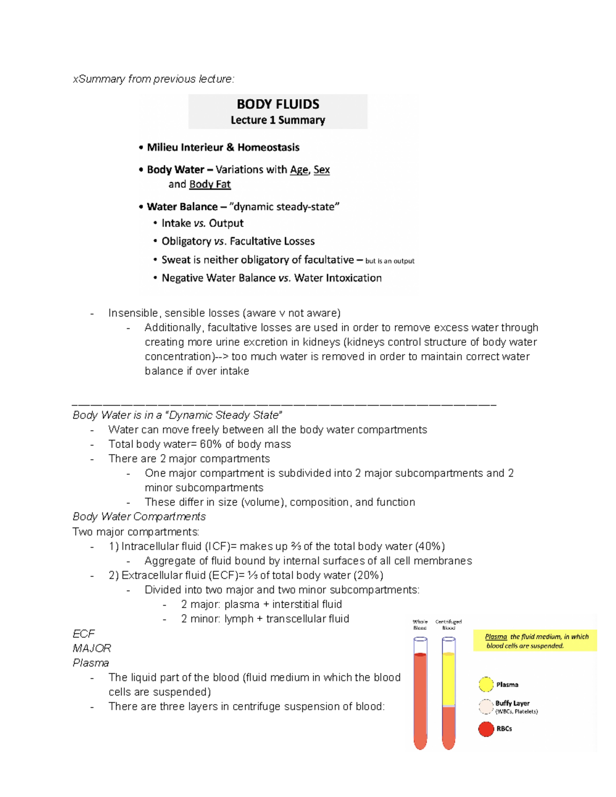 Lecture 2 Body Fluids #2 - xSummary from previous lecture: - Insensible ...