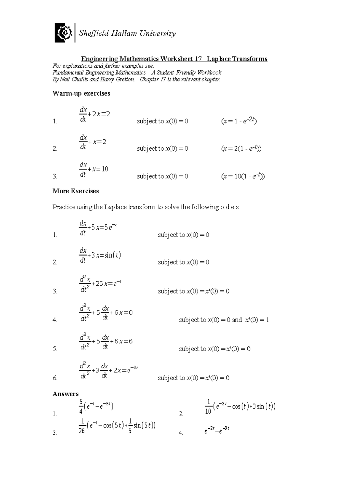 Worksheet 17 - tutorial 17 - Engineering Mathematics Worksheet 17 Laplace Transforms For - Studocu