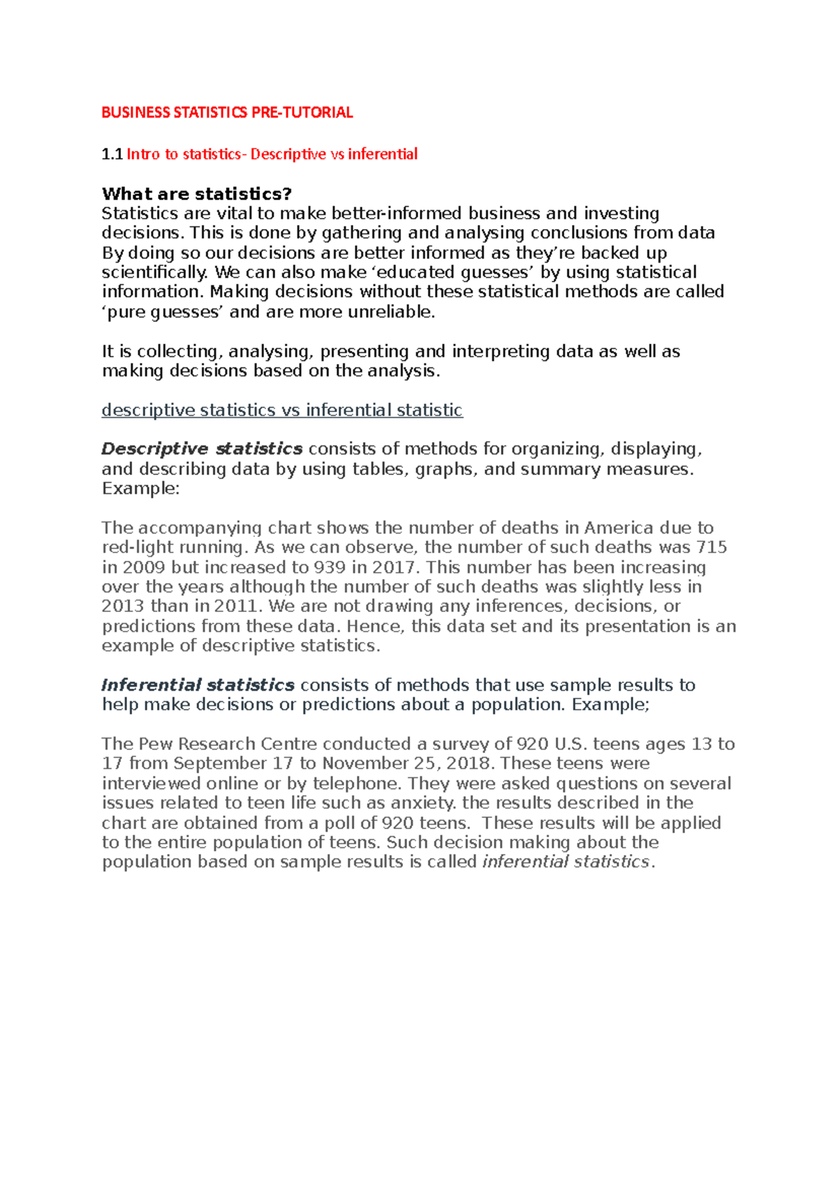 Business Statistics notes - BUSINESS STATISTICS PRE-TUTORIAL 1 Intro to ...