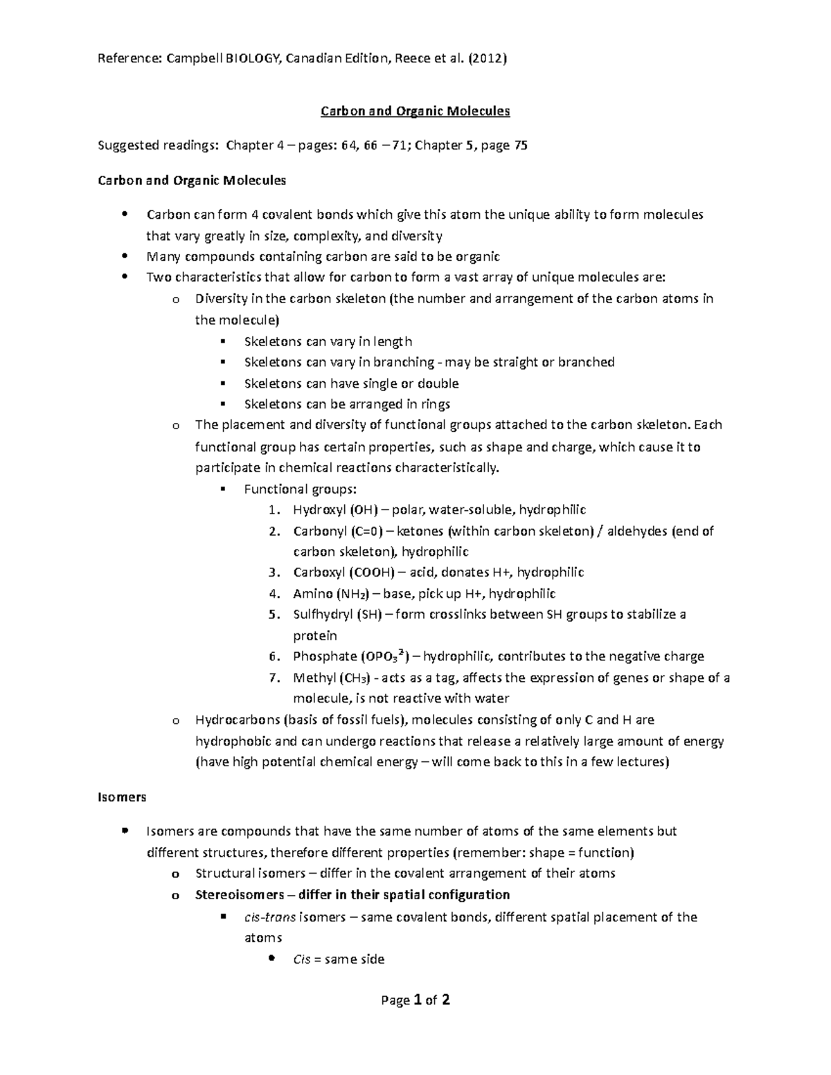 4. Carbon and Organic Molecules - Reference: Campbell BIOLOGY, Canadian ...