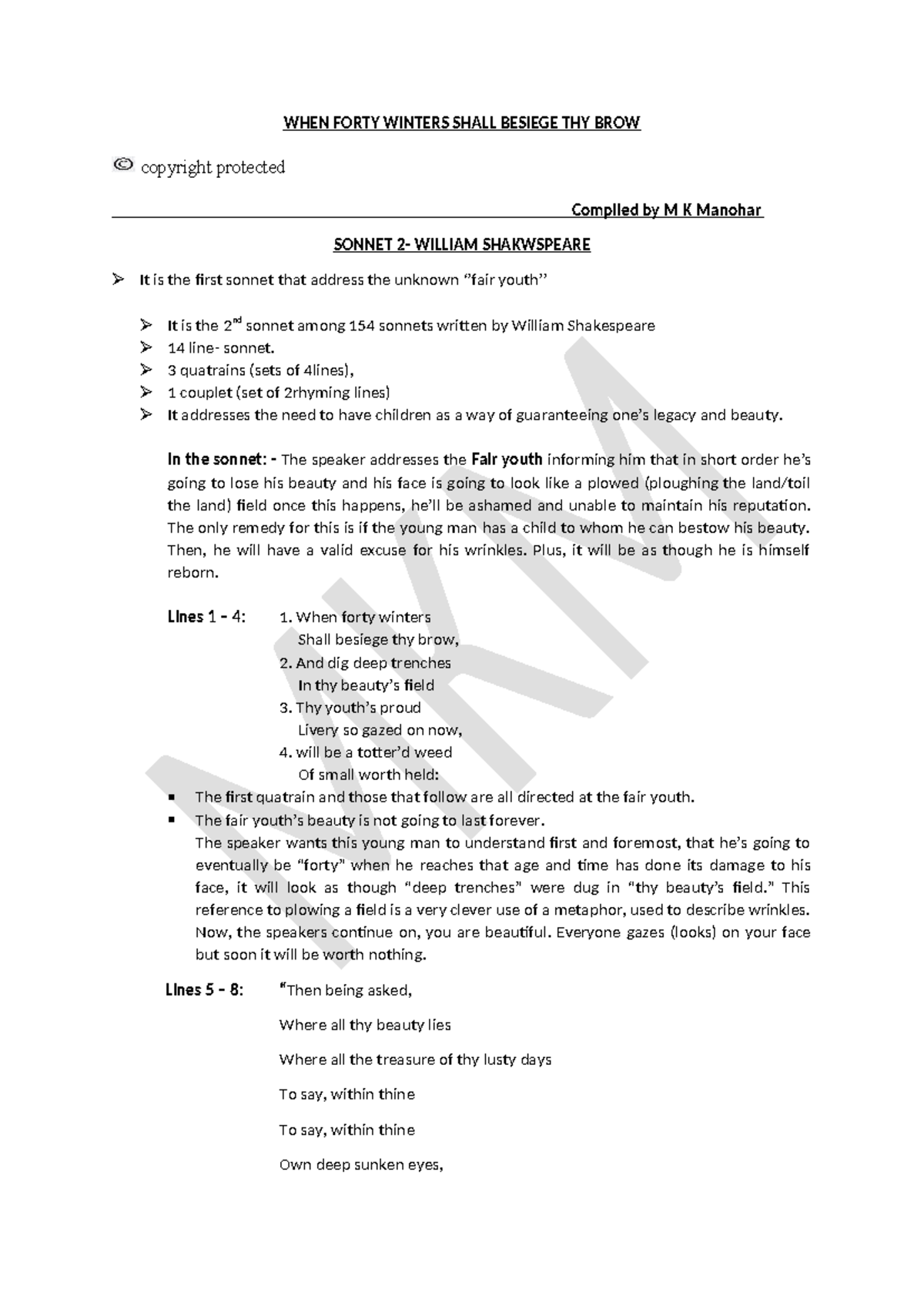 1. WHEN Forty Winters Shall Besiege THY BROW - WHEN FORTY WINTERS SHALL BESIEGE THY BROW ...