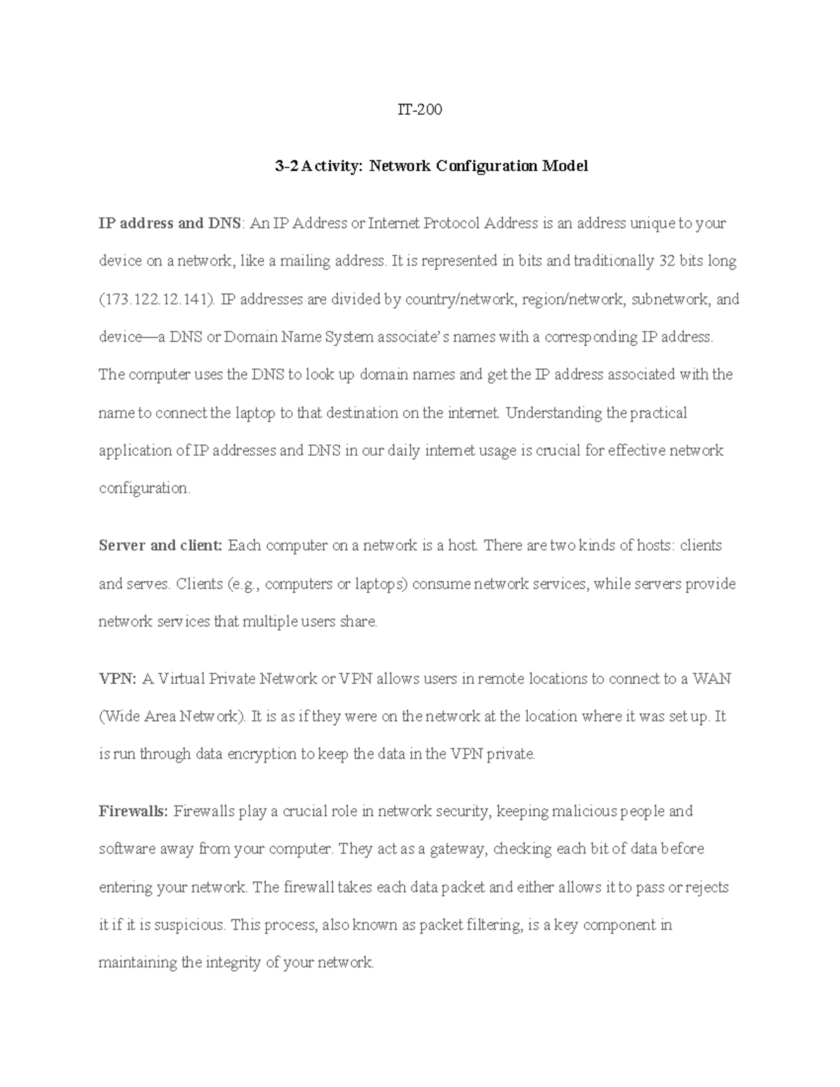 Justin Altuve Modeled Network Configuration Summary - IT- 3-2 Activity ...