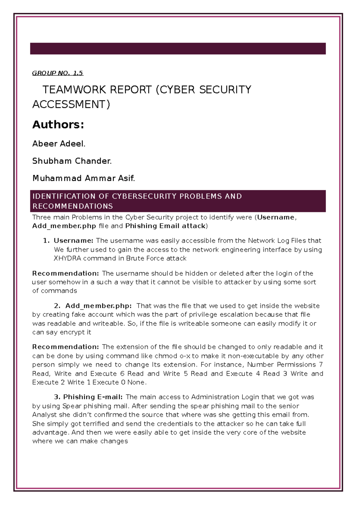 Group Assignment for cyber security - GROUP NO. 1. TEAMWORK REPORT ...