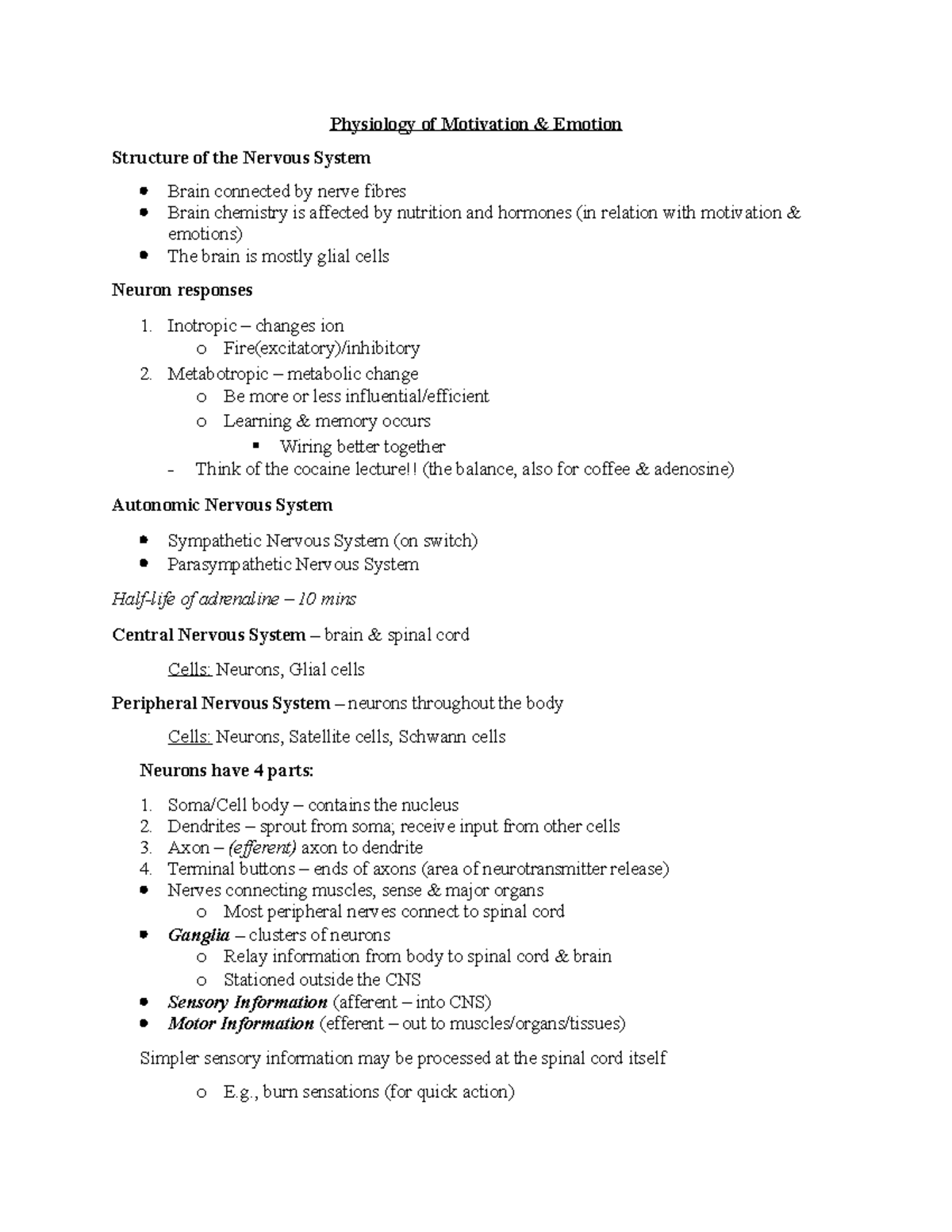 Week 3 Components of Motivation [Physiology] - PSYC 3P38 - Brocku - Studocu
