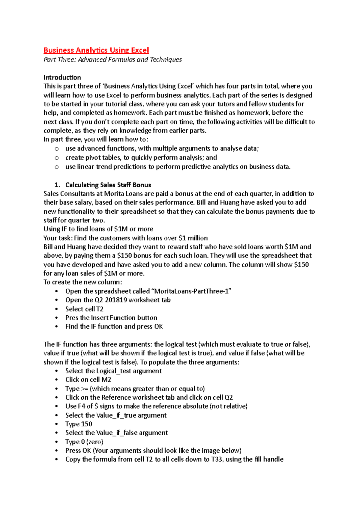 Part Three practical - Advanced Formulas and Techniques - Business Analytics Using Excel Part ...