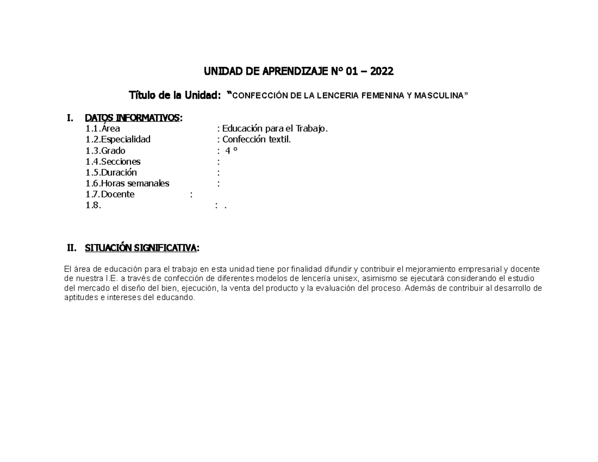 Unidad APRENDIZAJE EDUCACION PARA EL TRABAJO - UNIDAD DE APRENDIZAJE N ...