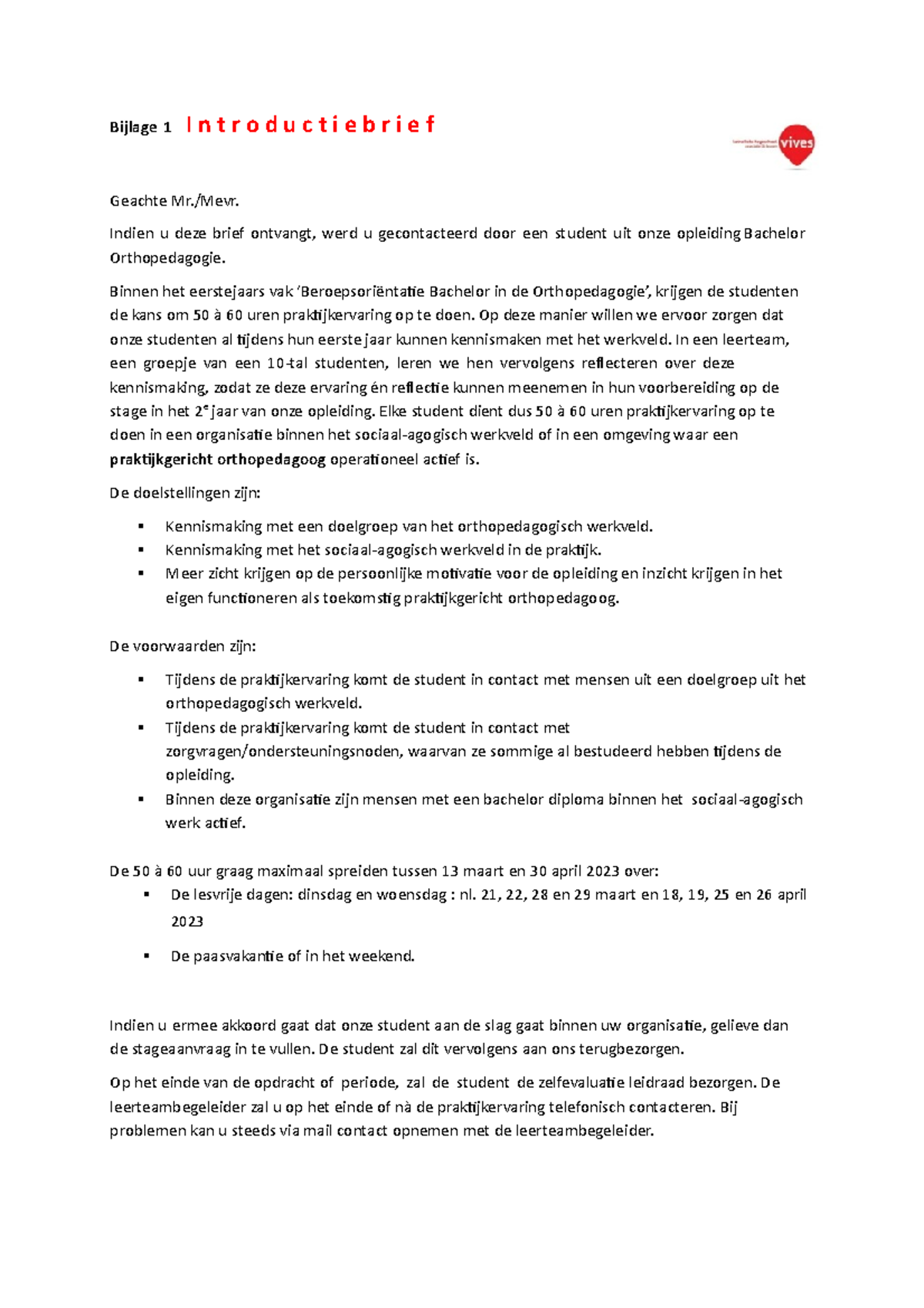 Bijlage 1 introductiebrief stage - Beroepsoriëntatie in het ...